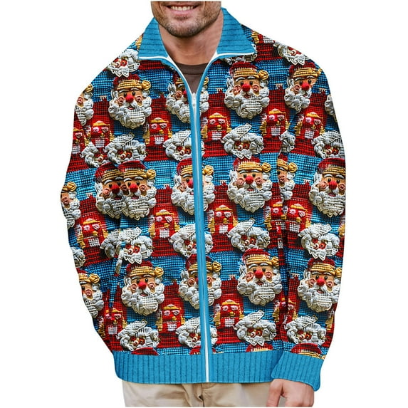 Christmas Sweater Jacket Men Zip Up Santa Knitted Cardigan Sweaters ...