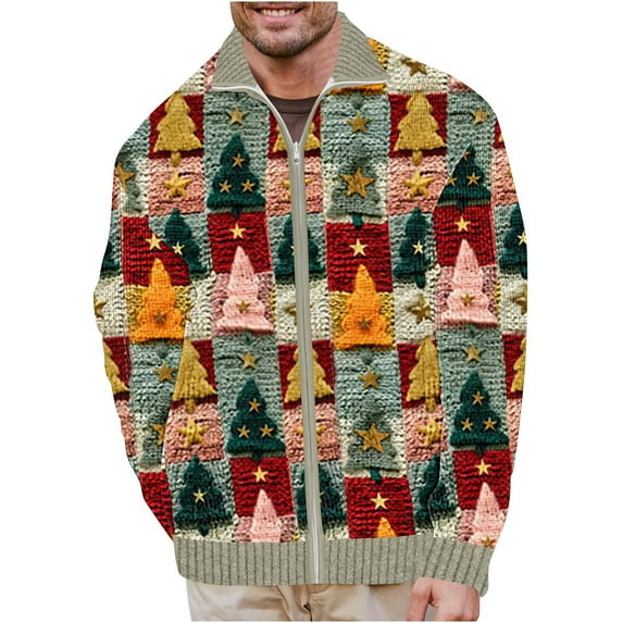 Christmas Sweater Jacket Men Zip Up Santa Knitted Cardigan Sweaters ...