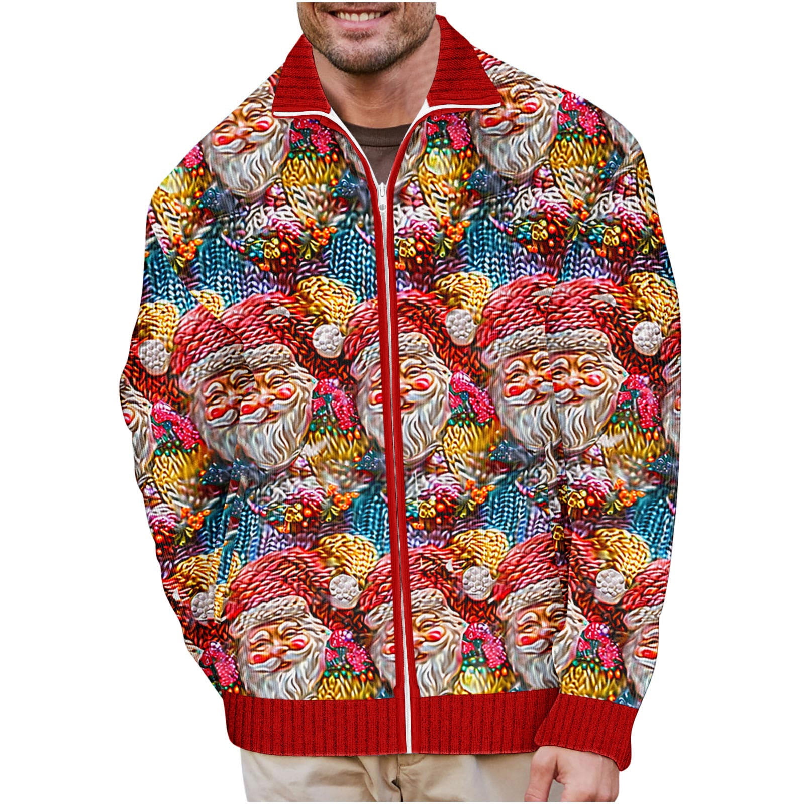 Christmas Sweater Jacket Men Zip Up Santa Knitted Cardigan Sweaters ...