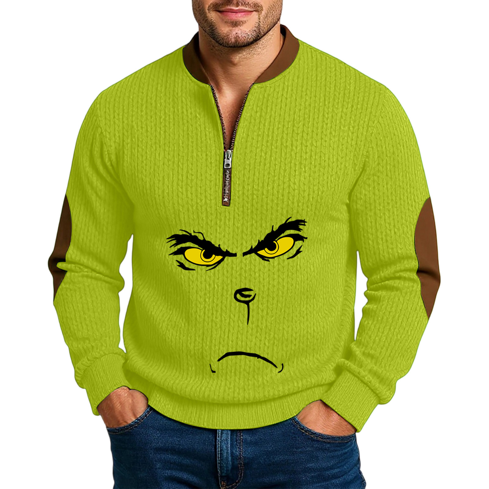 Christmas Sweater Men Ugly Quarter Zip Long Sleeve Pullover #J-Green L ...