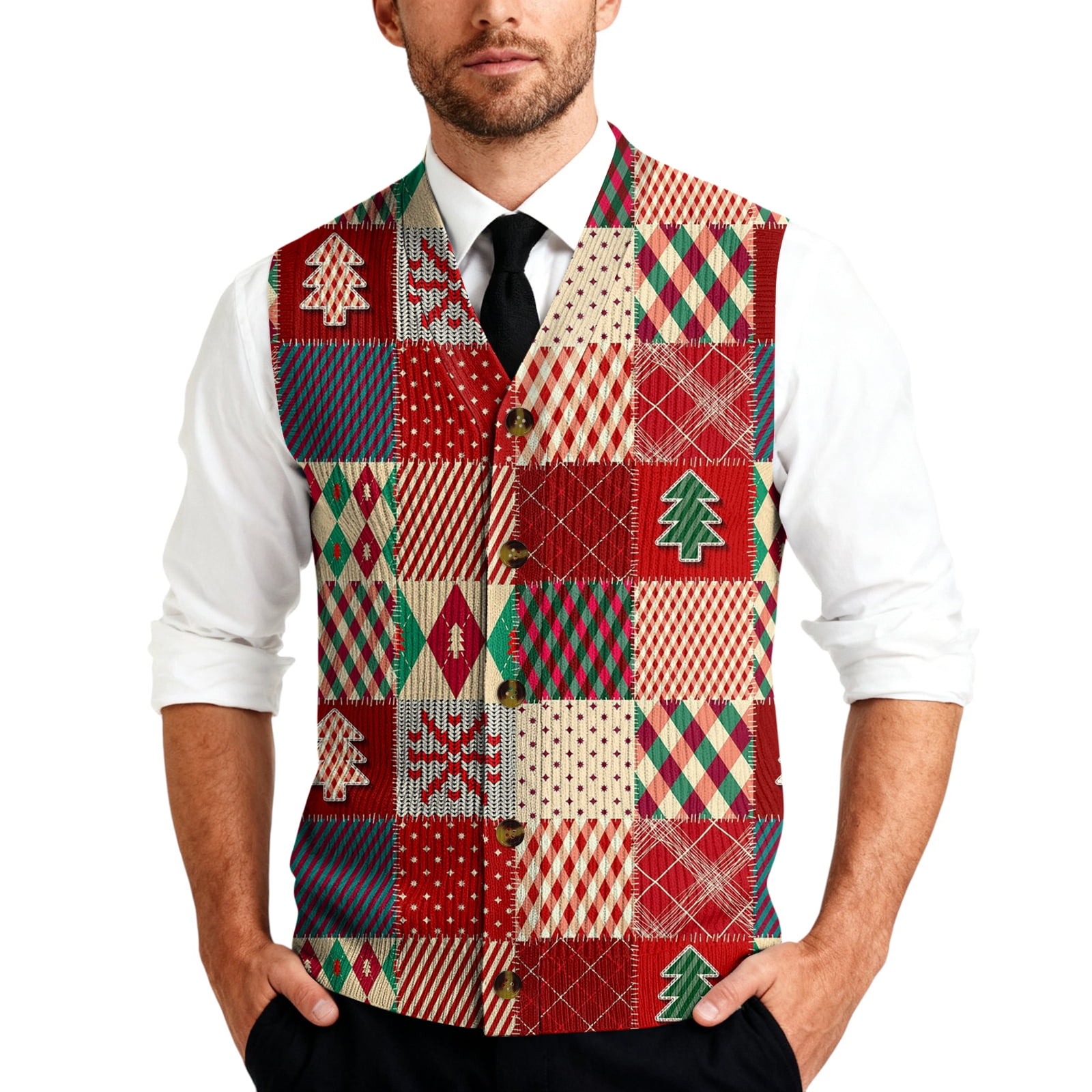 Christmas Sweater Vest Men Sleeveless V-Neck Button Down Cardigan Loose ...