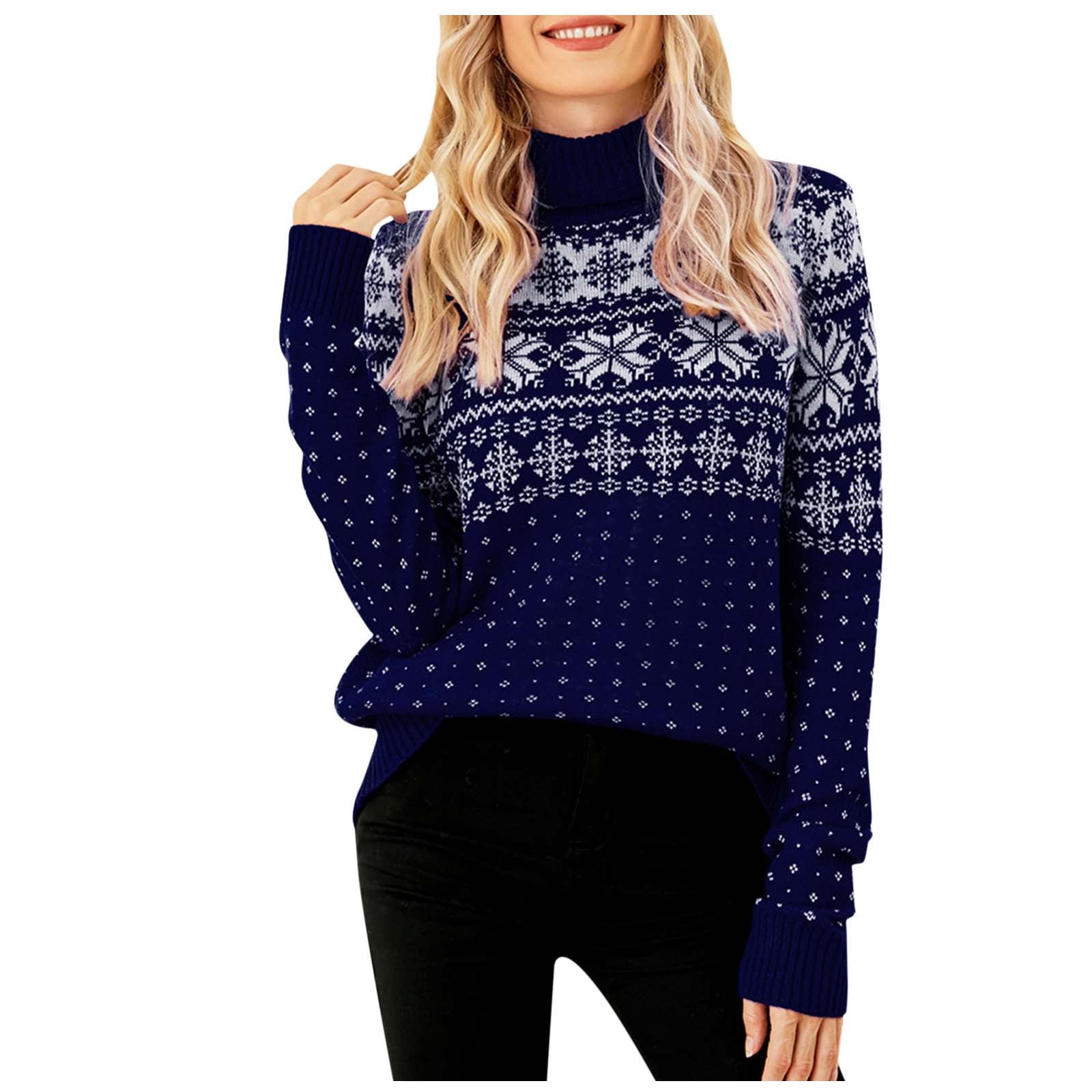 Christmas Sweater for Women Snowflake Long Sleeve Turtleneck Knitted ...