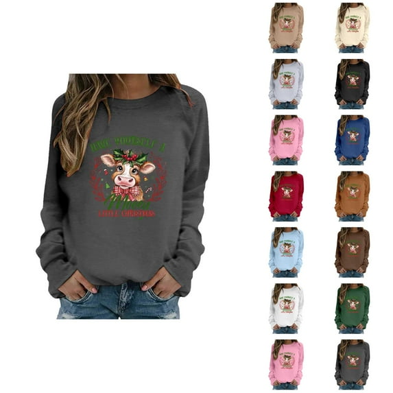Christmas Sweaters Fall Outfits for Women Cow Print Crewneck Pullover ...