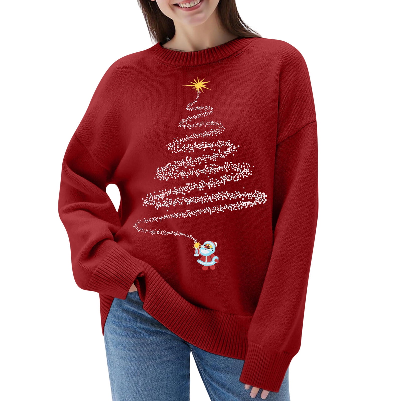 Christmas Sweaters for Women Loose Long Sleeve Crew Neck Knit Pullover ...