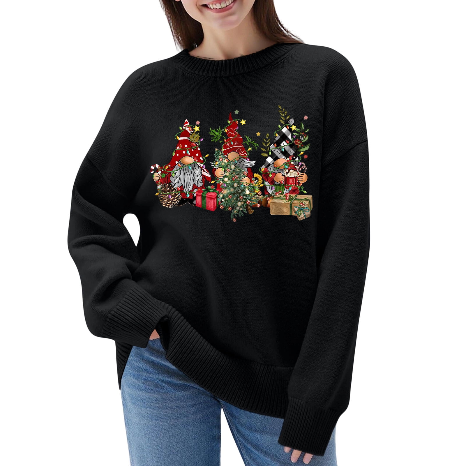 Christmas Sweaters for Women Xmas Fun Print Knit Sweater Long Sleeve ...