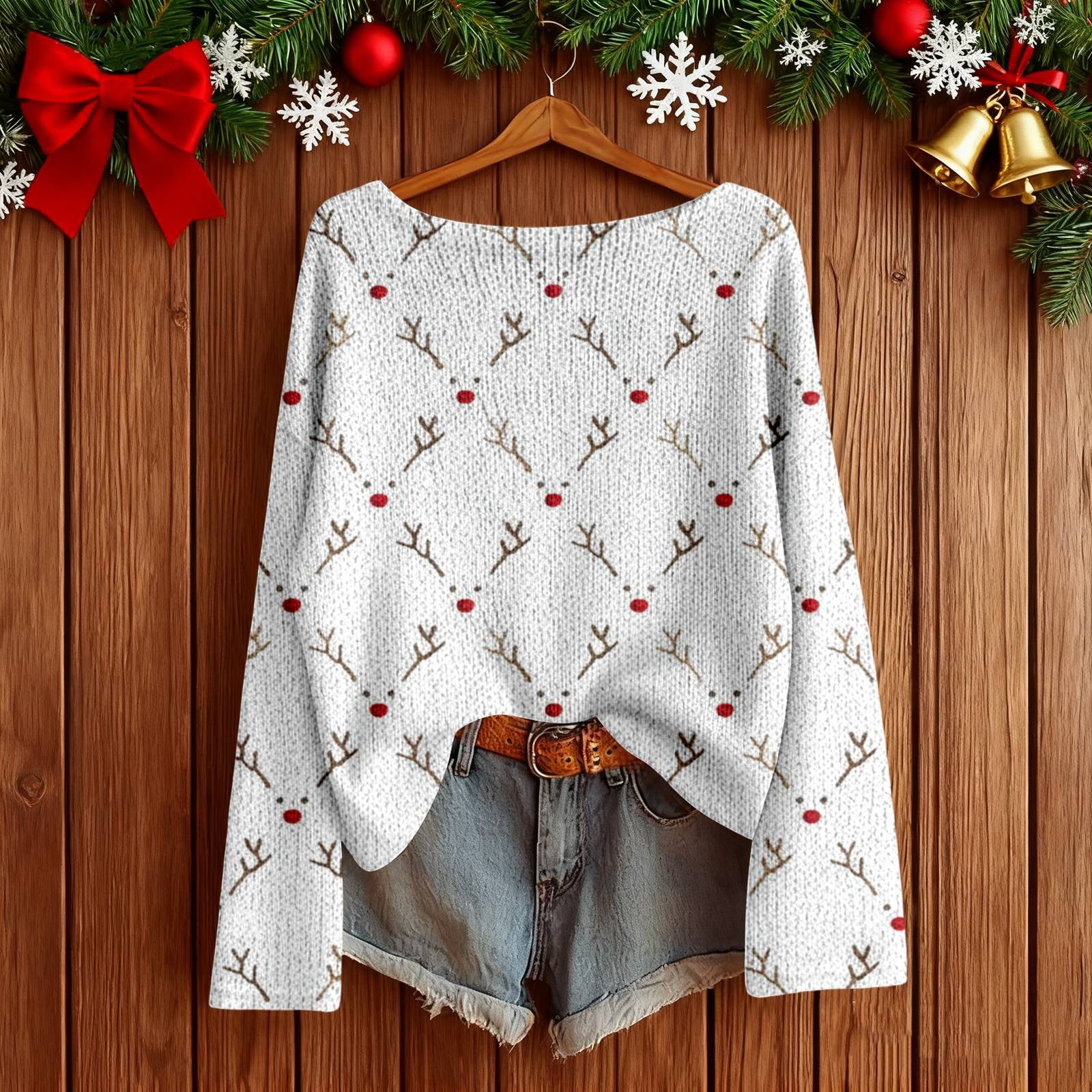 Christmas Sweaters for Women Fashion Xmas Print Boat Neck Imitation ...