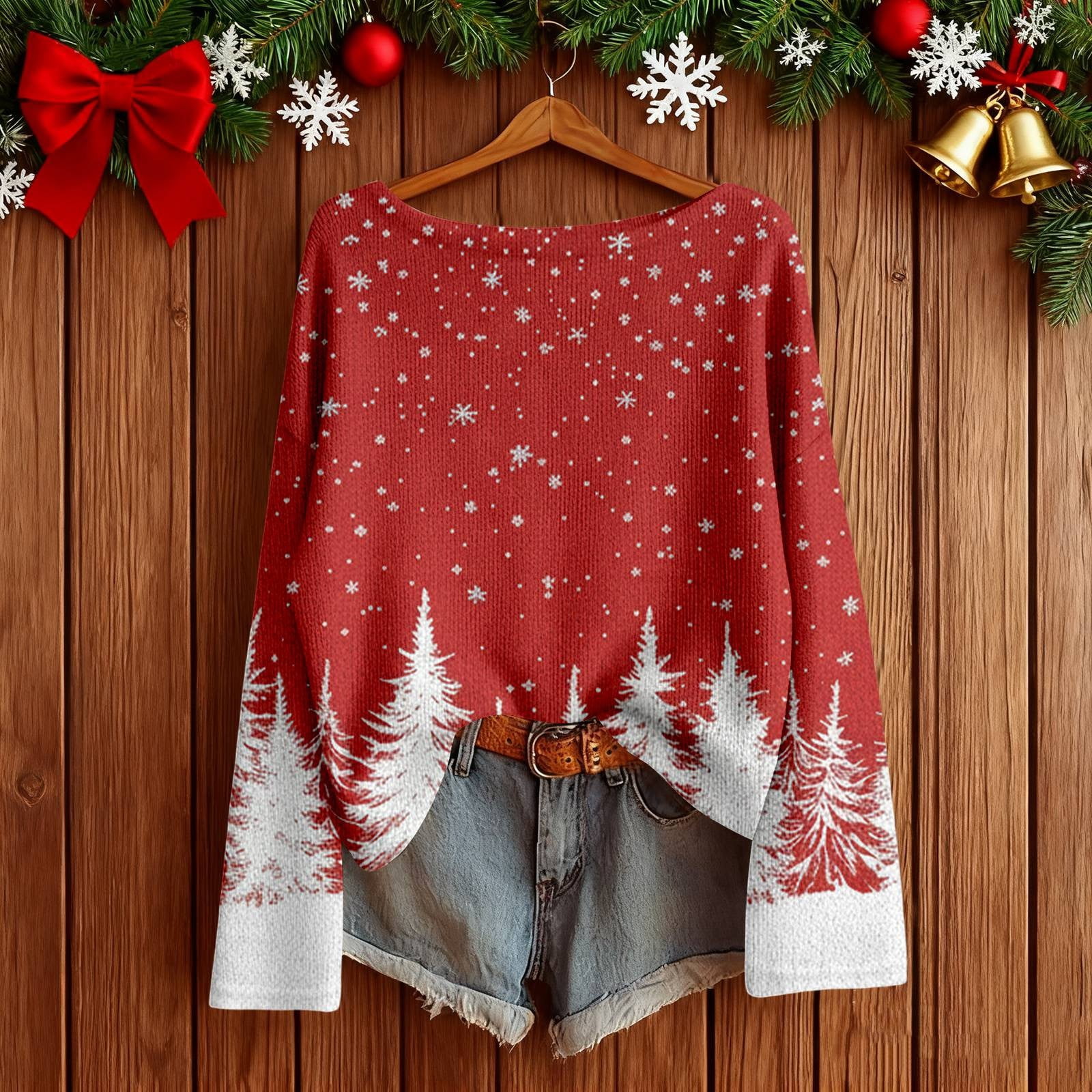 Christmas Sweaters for Women Fashion Xmas Print Boat Neck Imitation ...