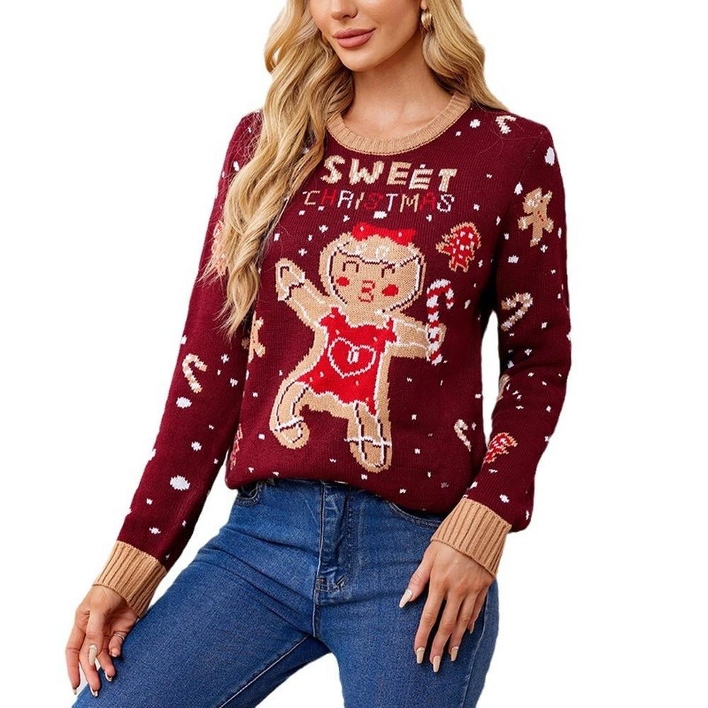 Christmas Sweaters for Women Round Neck Gingerbread Man Pattern ...