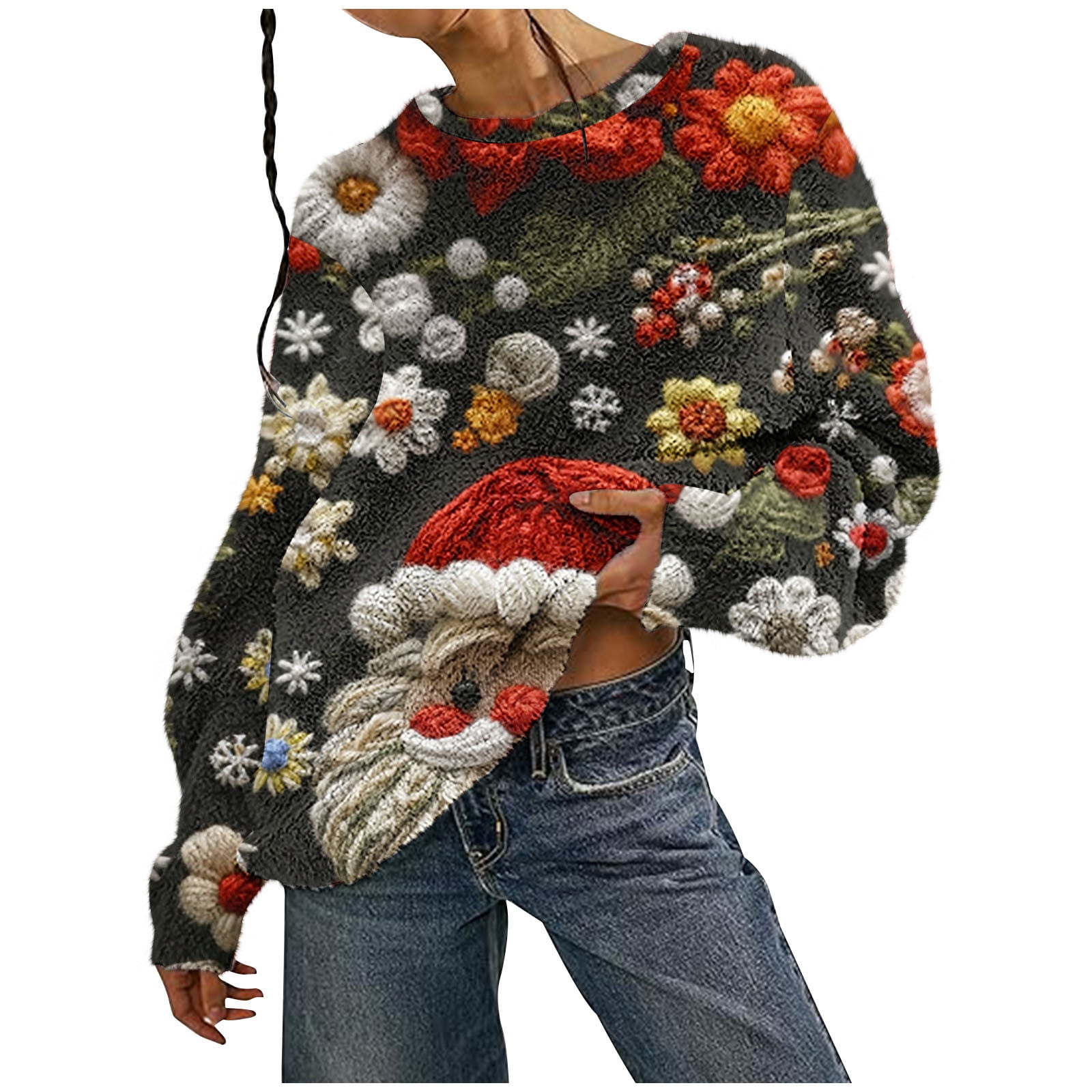 Christmas Sweaters for Women Santa Claus Long Sleeved Warm Double-sided ...