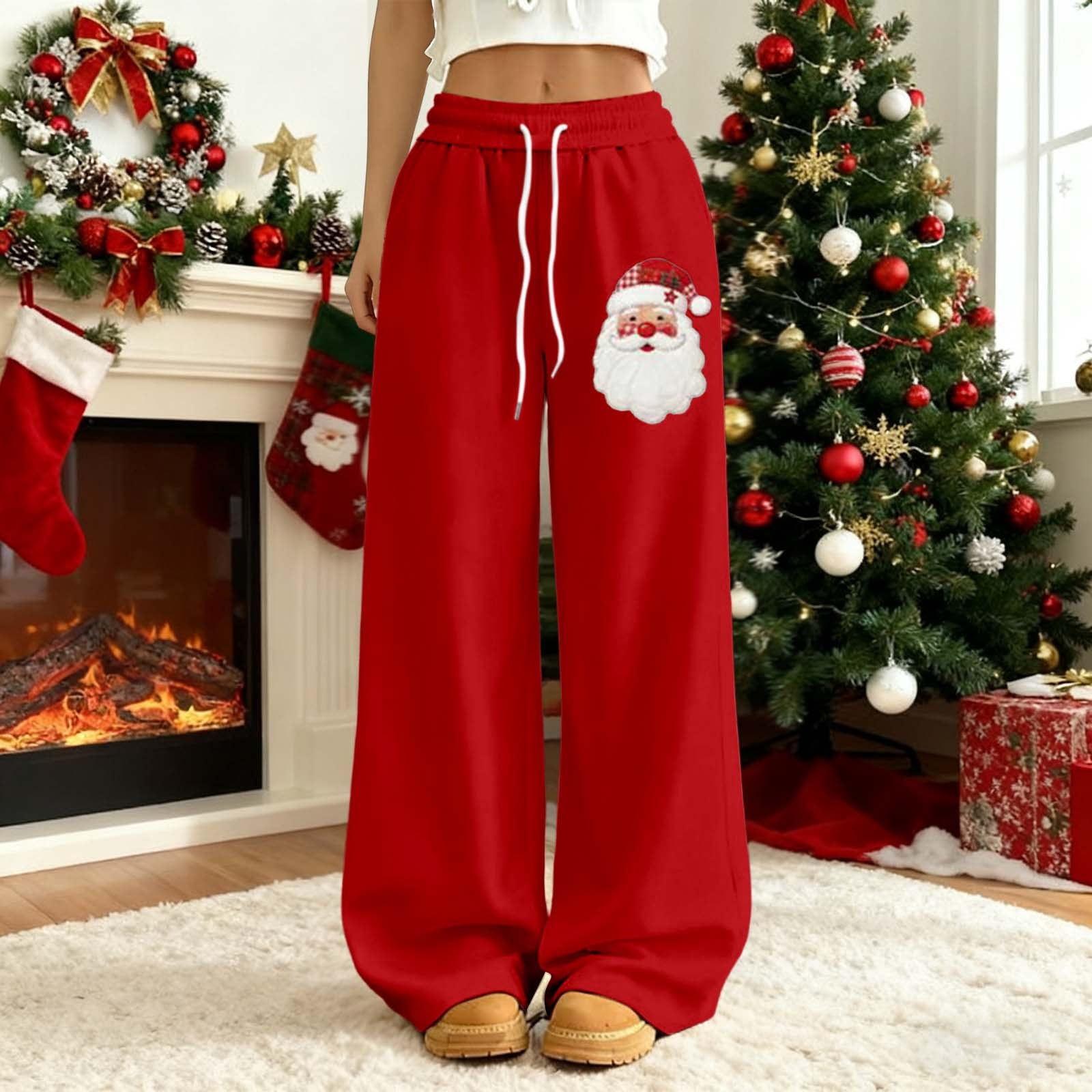 Christmas Sweatpants for Women Santa Claus Wide Leg Baggy Pants (Red S ...