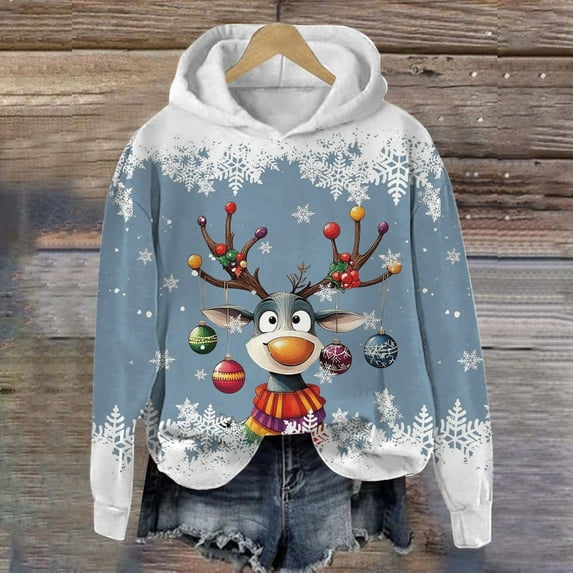 Christmas Sweatshirt Women'S Casual Big Head Deer Snowflake Print Round ...