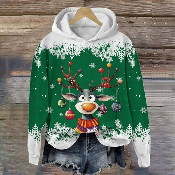 Christmas Sweatshirt Women'S Casual Big Head Deer Snowflake Print Round ...