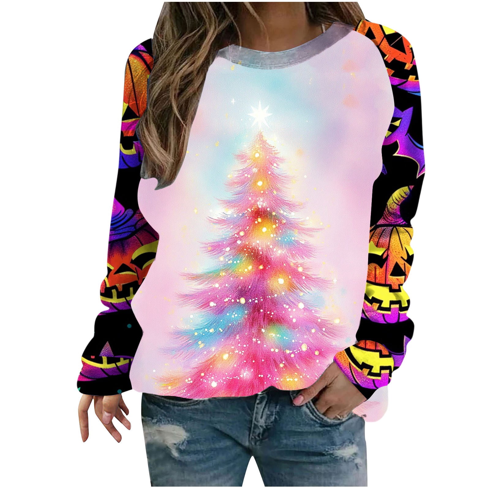 Christmas Sweatshirt for Women Lights Up Christmas Tree Shirts Casual ...