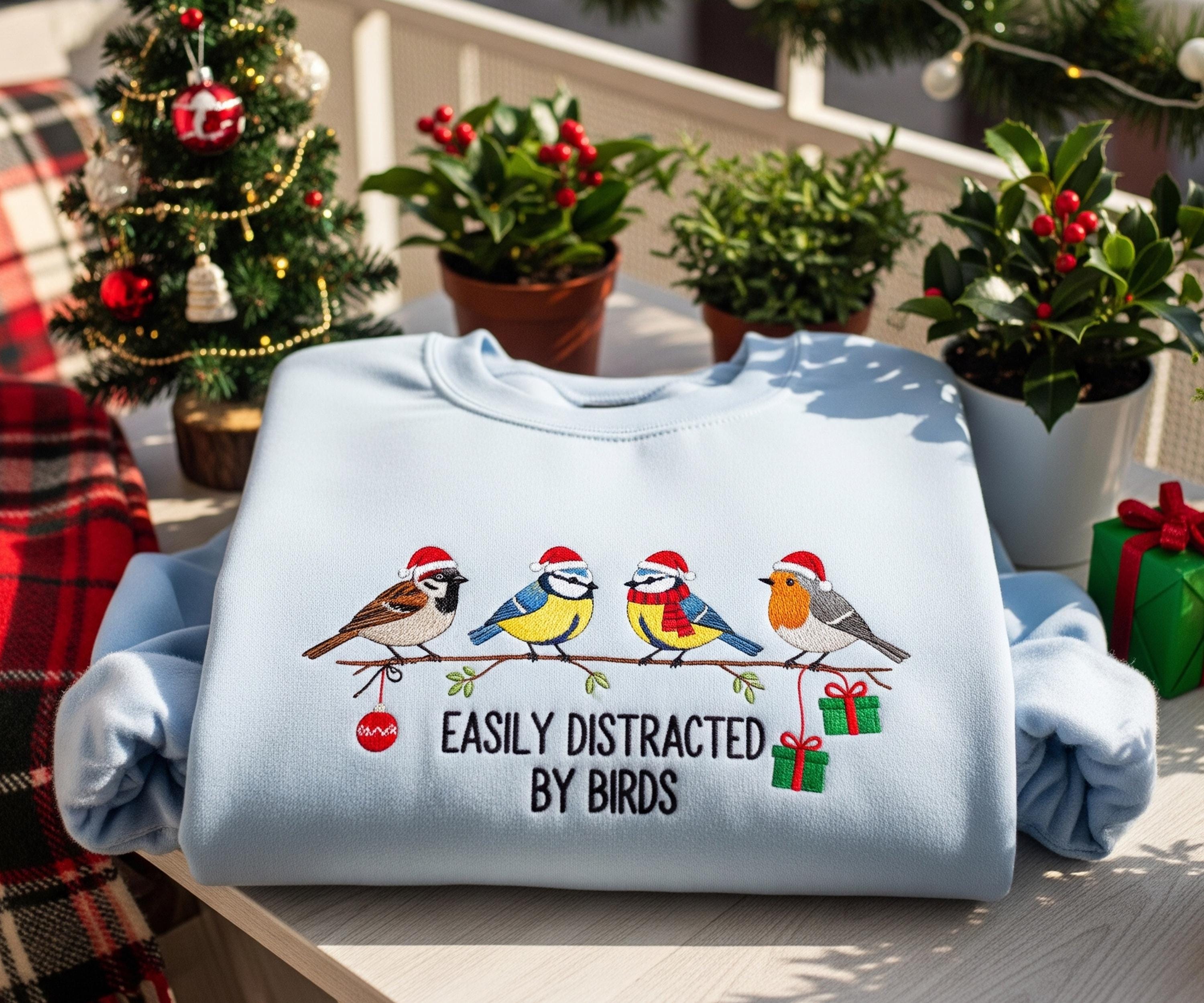 Christmas Sweatshirt with Embroidered Birds – Funny Holiday Pullover ...