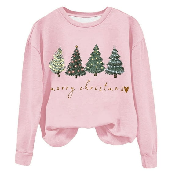 Christmas Sweatshirts Long Sleeve Round Neck Xmas Tree Print Sweatshirt ...