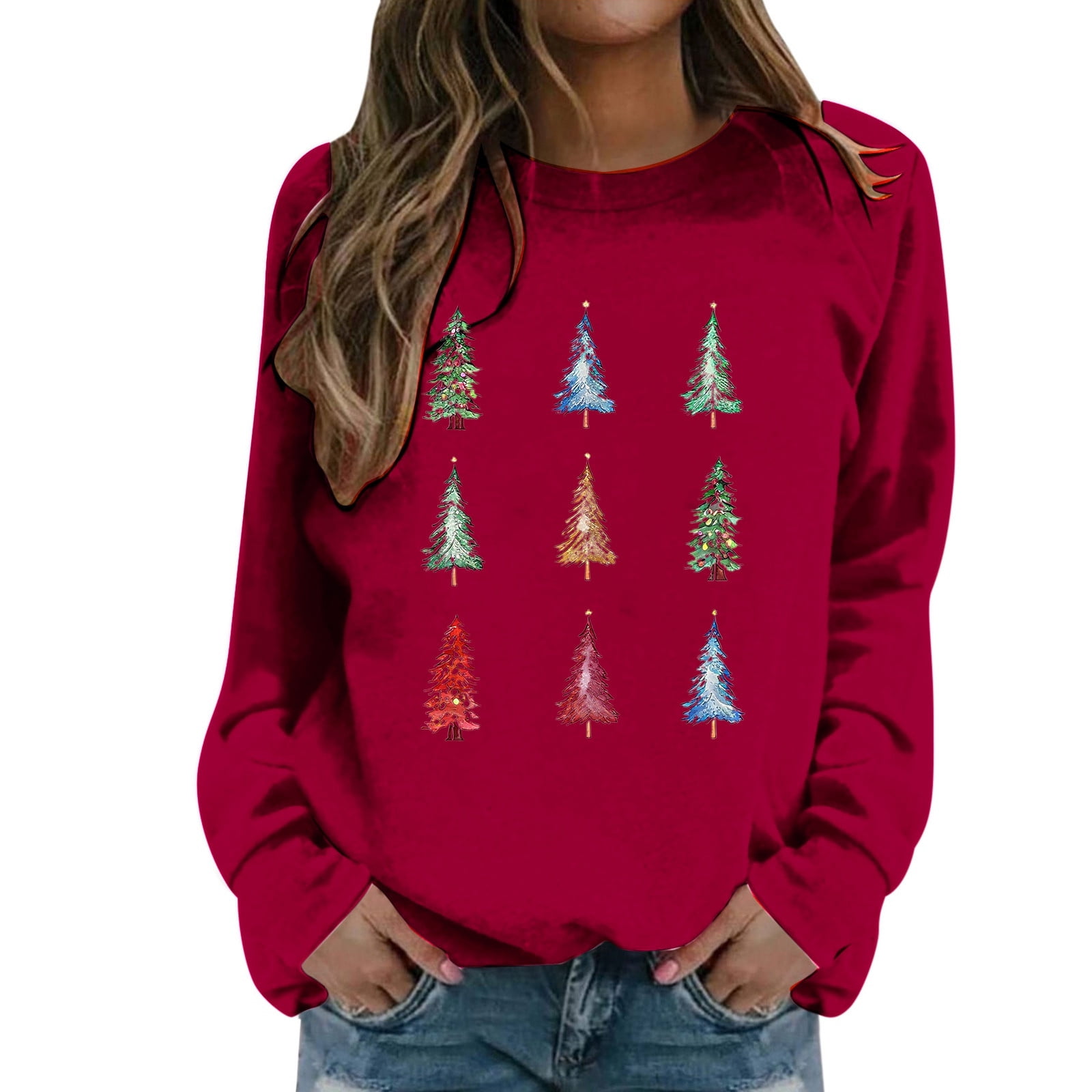 Christmas Sweatshirts Women Christmas Tree Long Sleeve Crewneck Sweatshirt Hoodless Christmas ...
