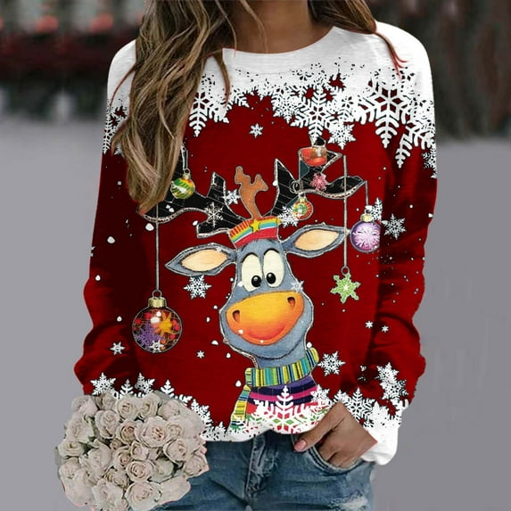 Christmas Sweatshirts for Women Cute Funny Xmas Reindeer Graphic Long ...