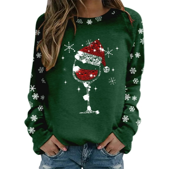 Christmas Sweatshirts Womens Wine Glass Christmas O Neck Round Neck Fit ...