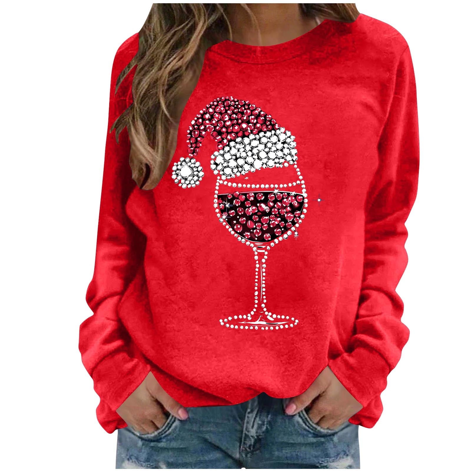 Christmas Sweatshirts for Women Christmas Red Wine Glass Printed Fleece ...