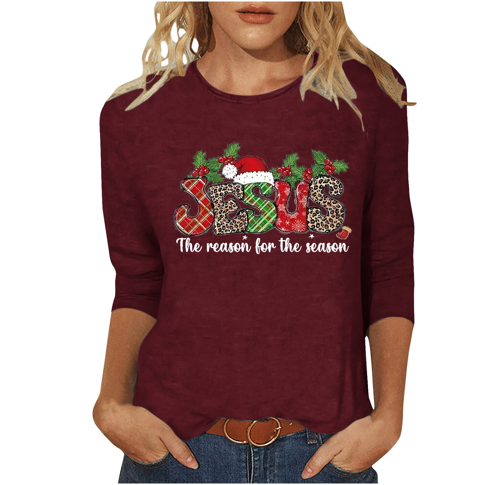 Christmas Sweatshirts for Women Jesus Letter Print Three Quarter Length ...