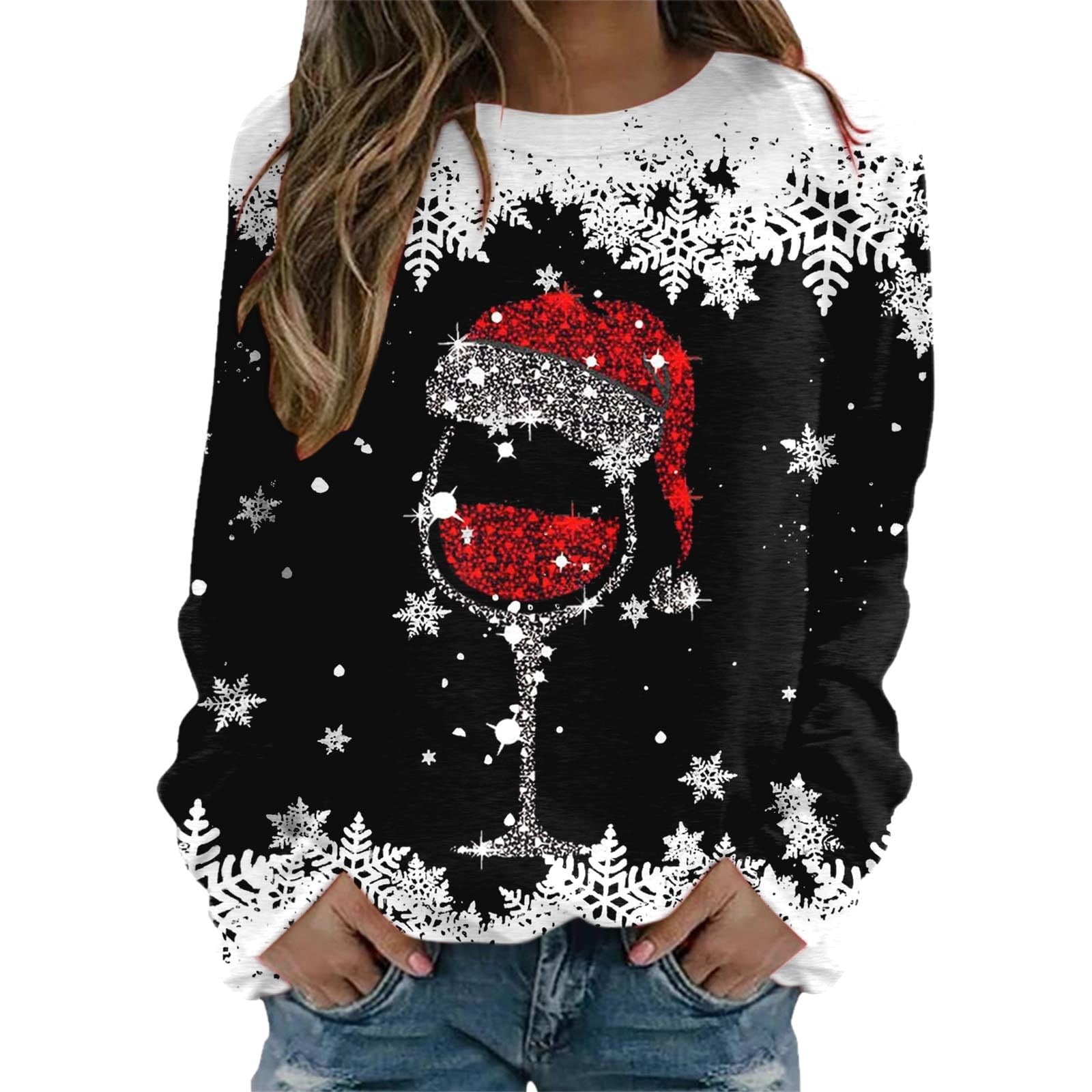 Christmas Sweatshirts for Women Red Wine Glass Ugly Graphic Blouse ...