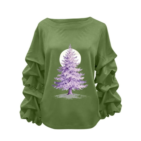 Christmas Sweatshirts for Women Round Neck Pleated Long Sleeves ...