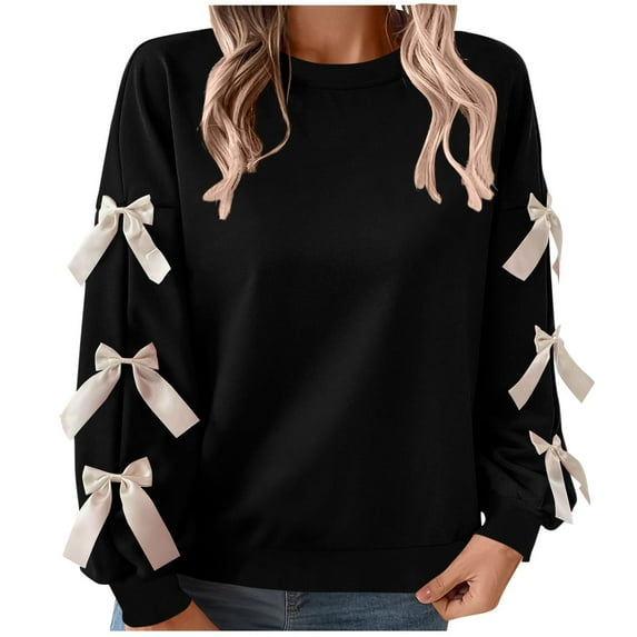 Christmas Sweatshirts for Women Sweet Style Round Neck Bow Red Holiday ...