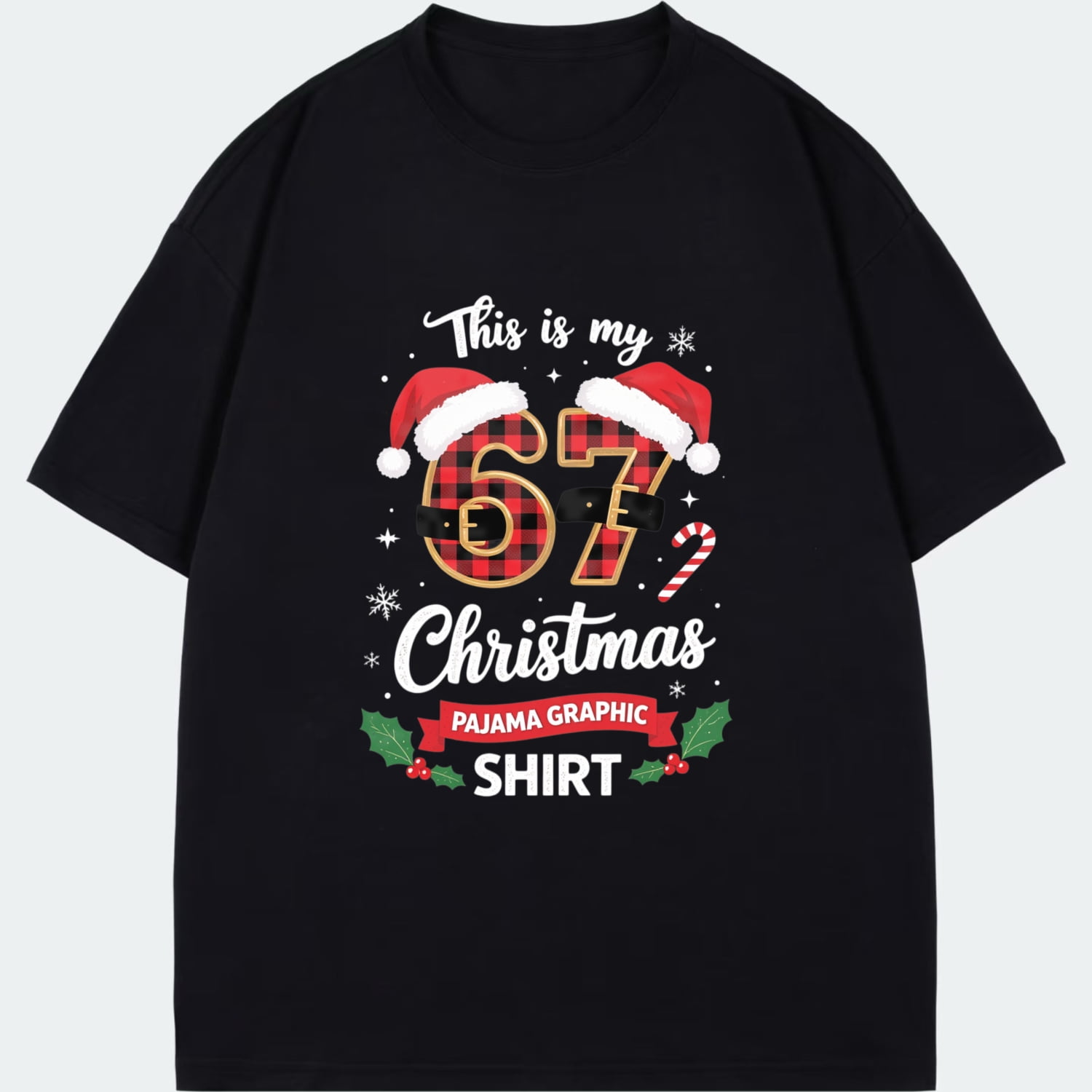 Christmas T-Shirt Black 57th Christmas Santa Hat Plaid Numbers Candy ...