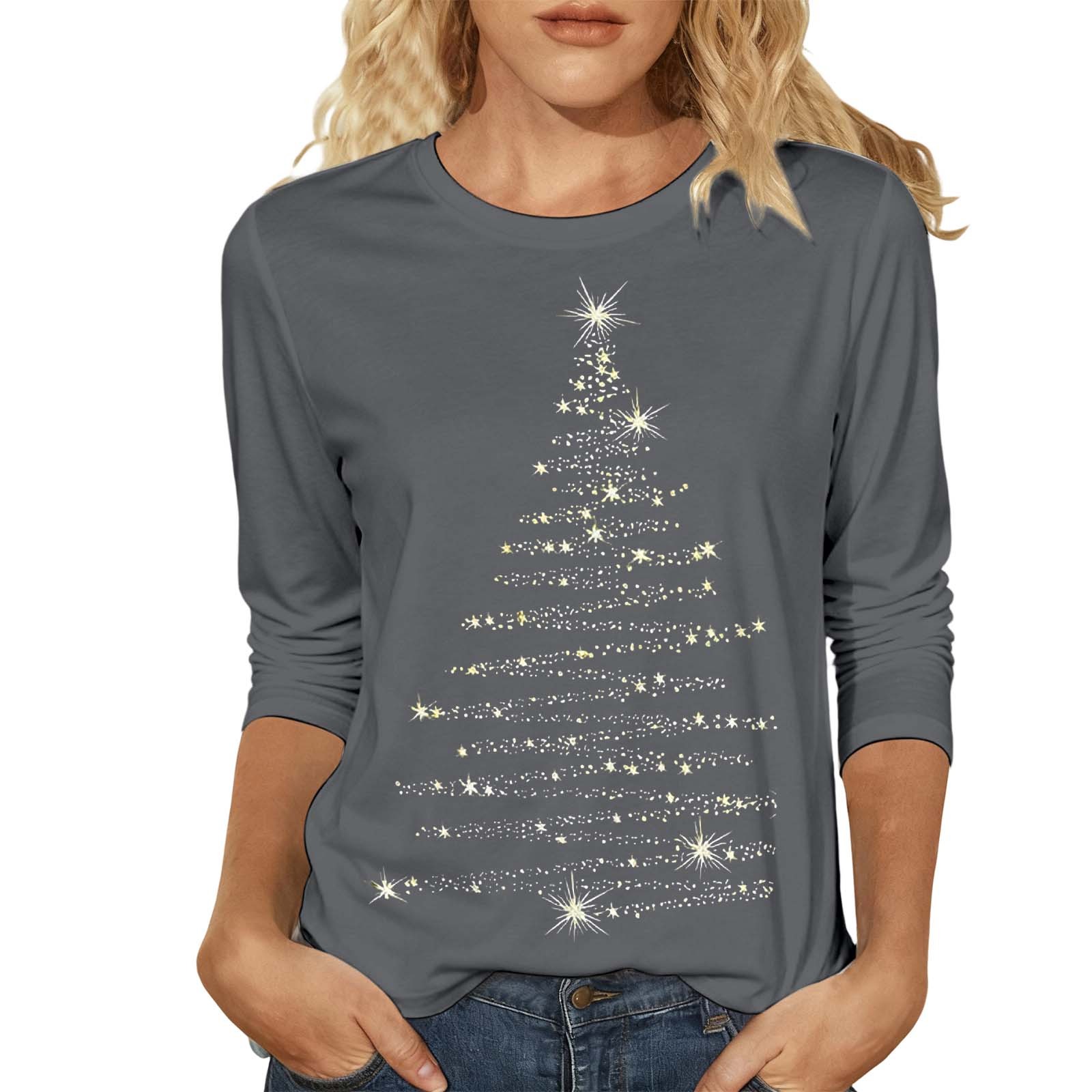 Christmas T Shirts for Women 2025 Xmas Holiday Tree Printed Long ...