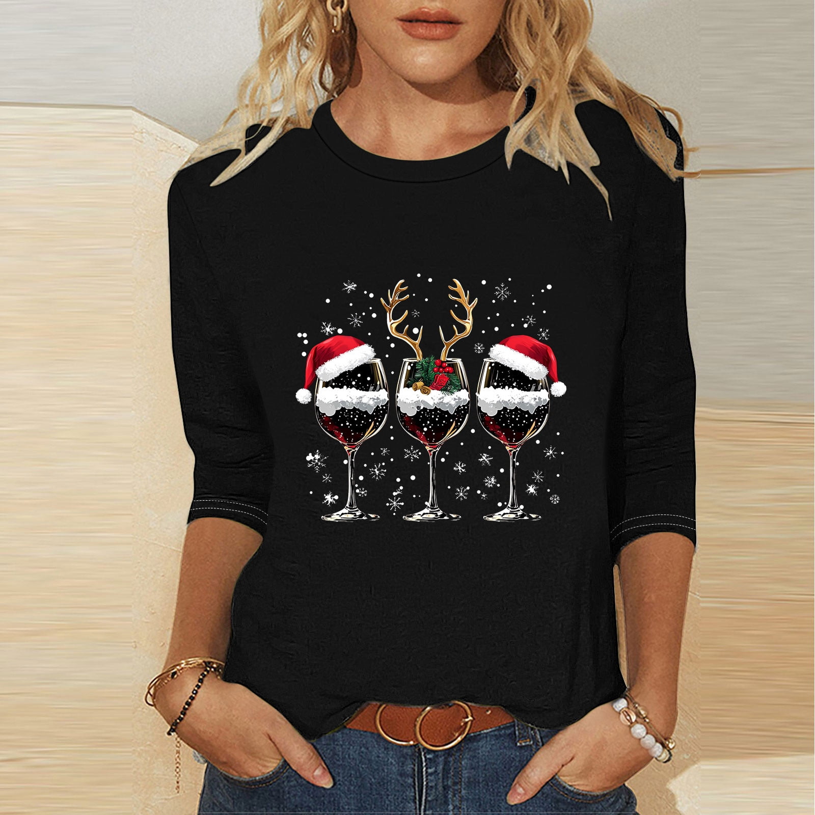 Christmas T Shirts for Women 3/4 Sleeve Casual Loose Fit Holiday ...