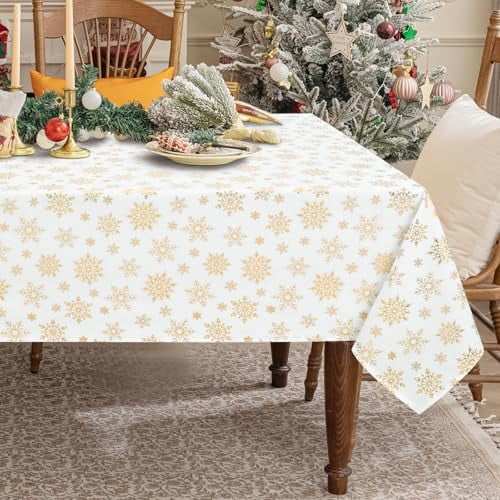 Christmas Table Cloth 60 x 84 Inch, Waterproof White Gold Snowflake ...