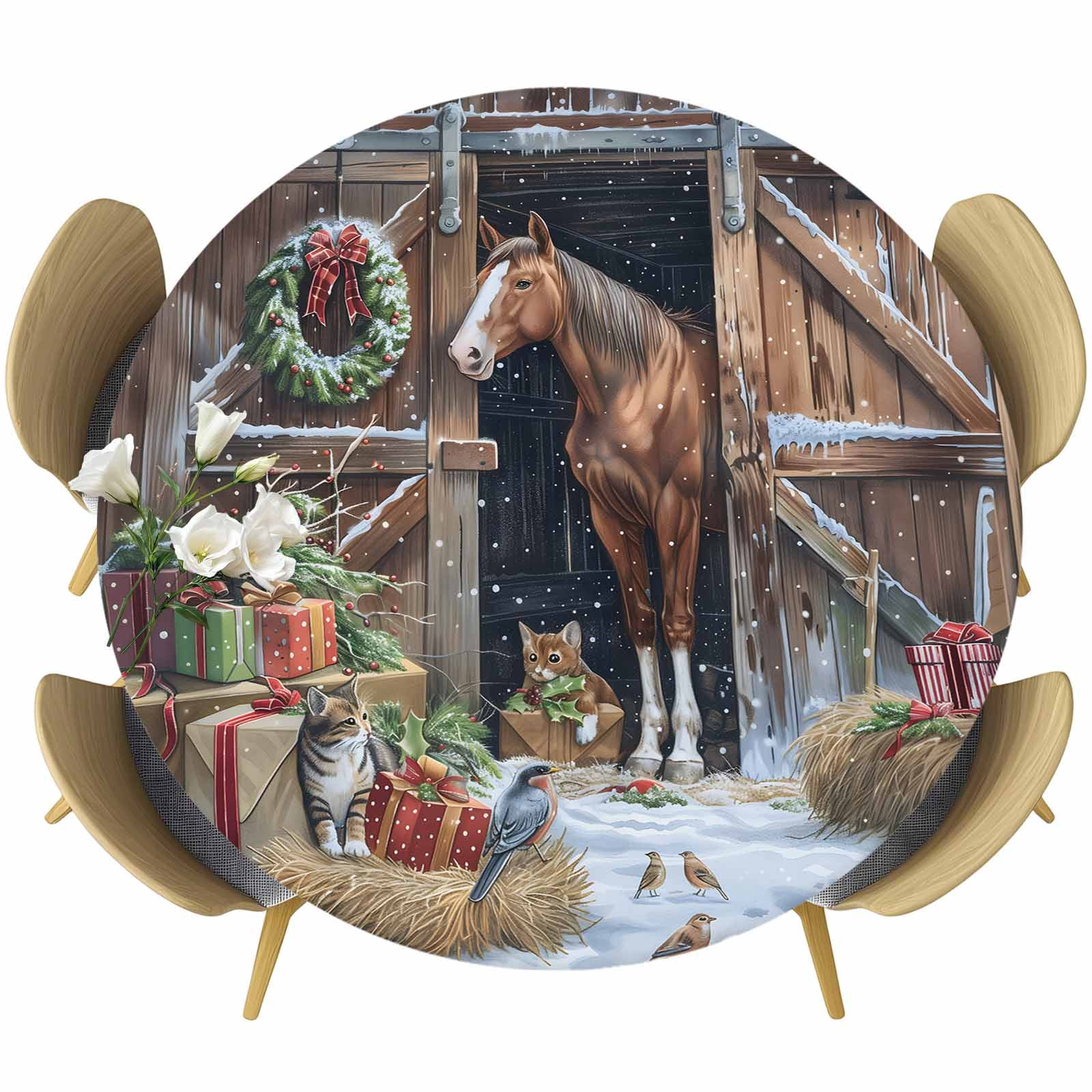 Christmas Table Cloth, Round Fitted Tablecloths with Elastic Edge ...