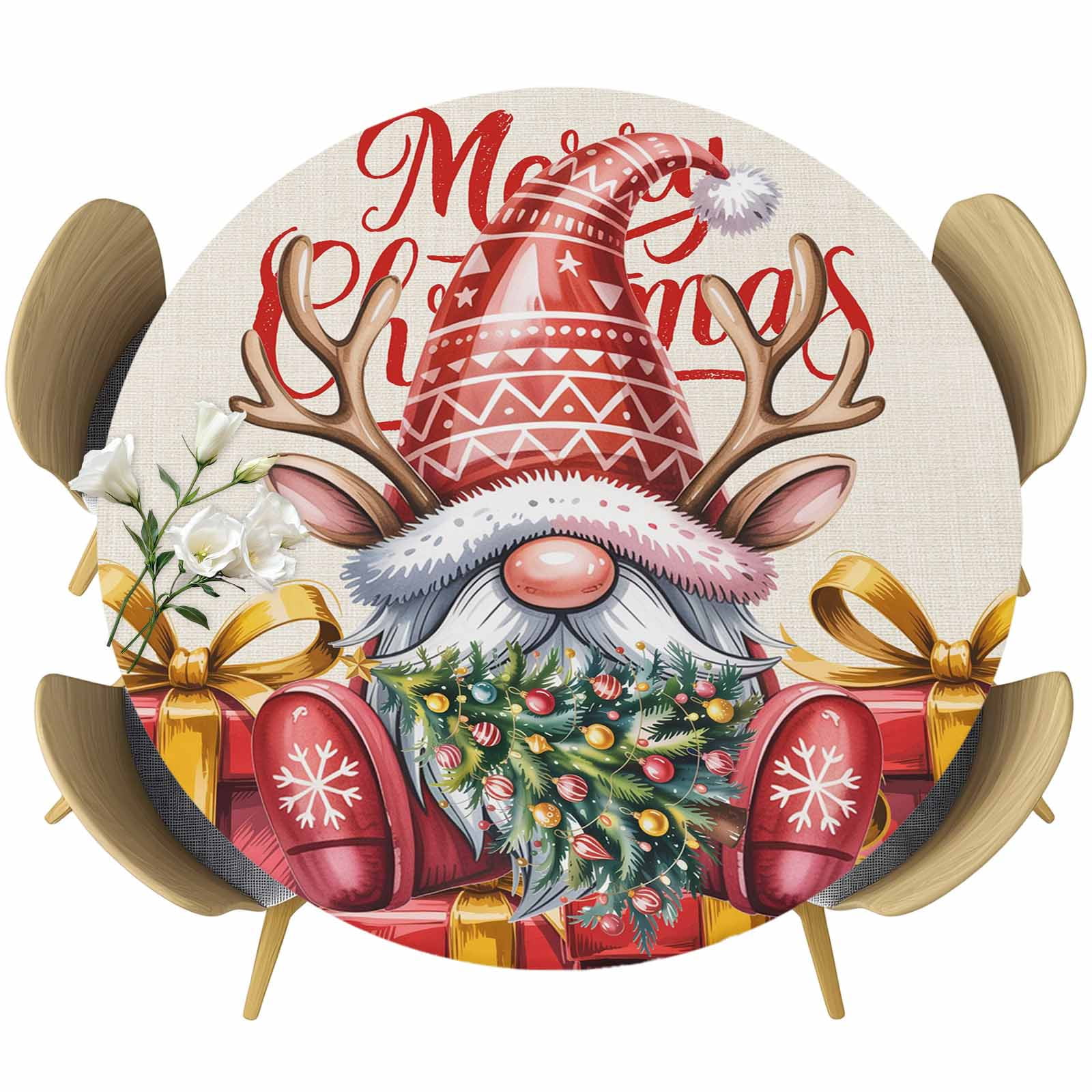 Christmas Table Cloth, Round Fitted Tablecloths with Elastic Edge, Xmas ...