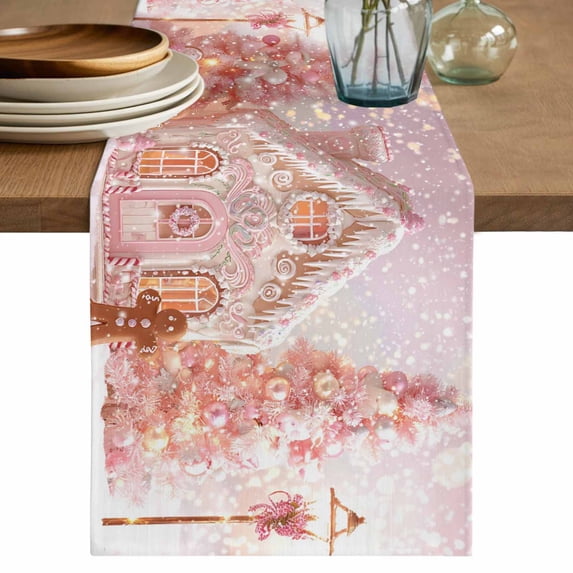 Christmas Table Runner 108 Inches, Pink Xmas Farmhouse Snowflake Tree ...