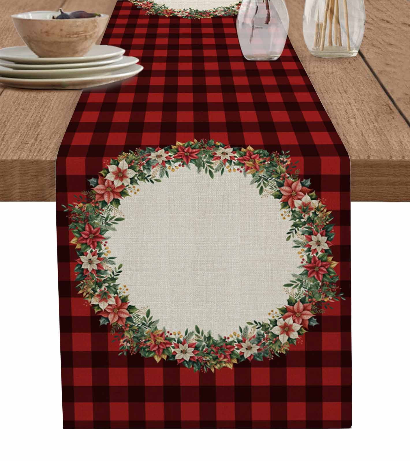 Christmas Table Runner 108 Inches, Winter Farmhouse Poinsettia Leaf Red ...