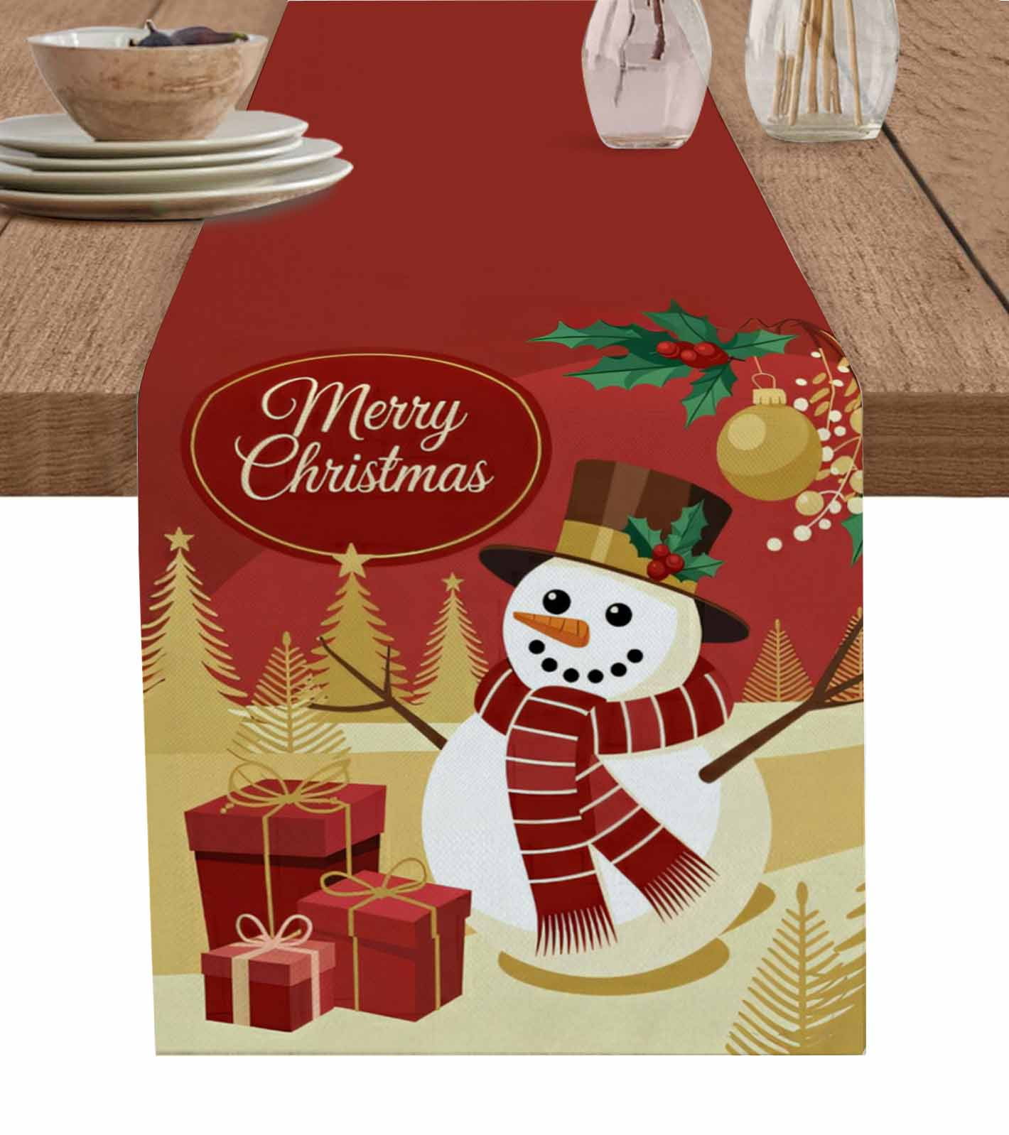 Christmas Table Runner 108 Inches, Winter Snowman Gold Pine Tree Berry ...