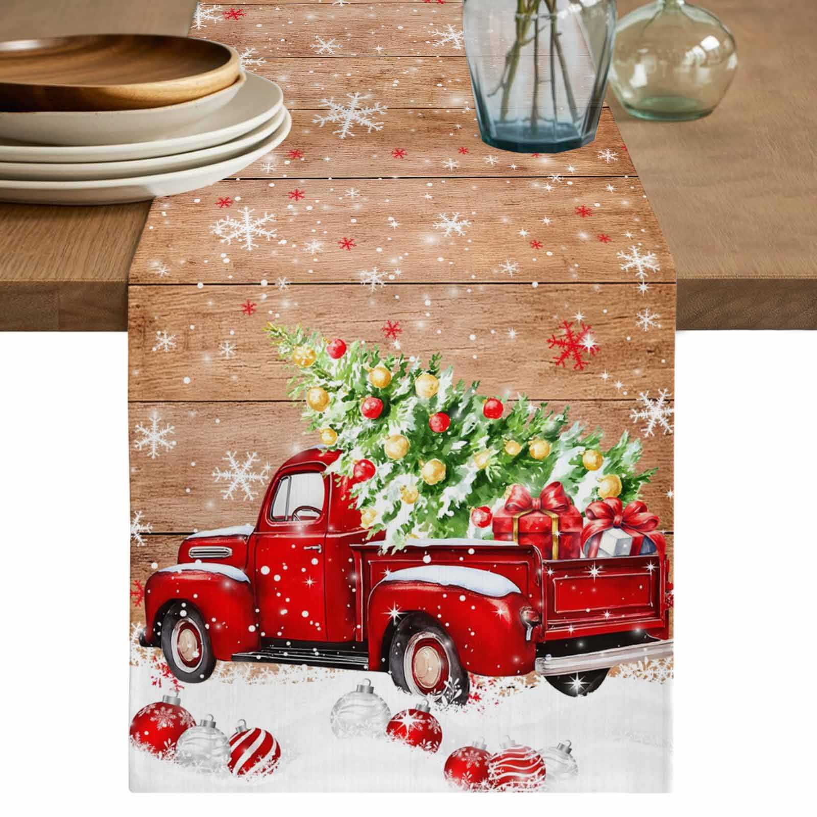Christmas Table Runner 120 Inches, Red Truck Xmas Tree Branch Red Balls ...