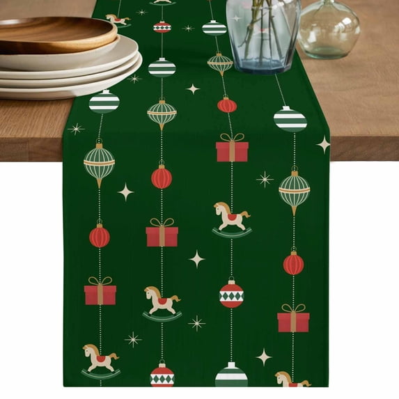 Christmas Table Runner 120 Inches, Winter Xmas Balls Weeping Green ...