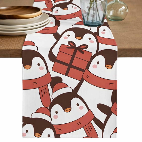 Christmas Table Runner 120 Inches, Winter Xmas Cartoon Cute Penguins ...
