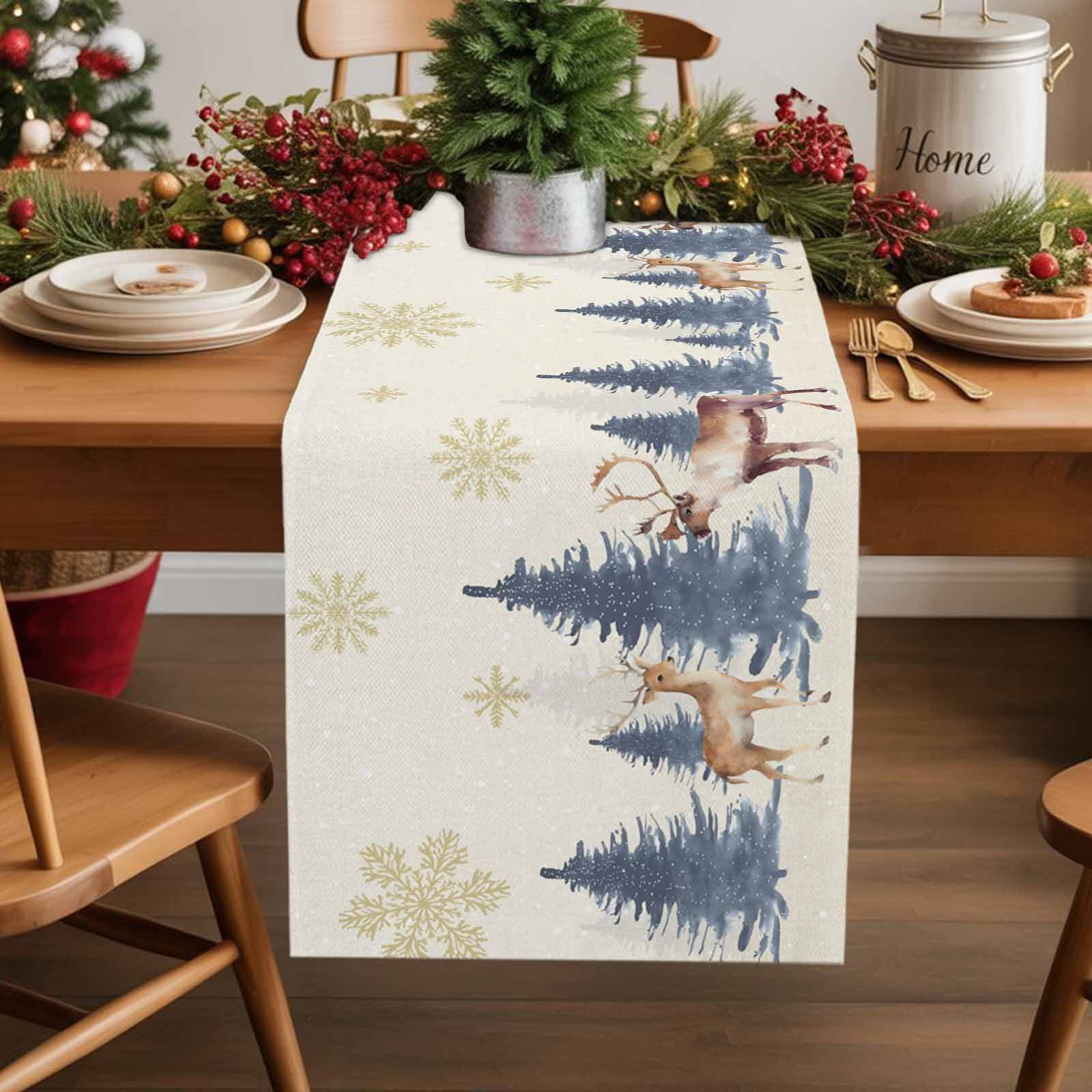 Christmas Table Runner 13x60 Inch Vintage PineTree Forest Elk Winter Snowflakes Linen Table ...