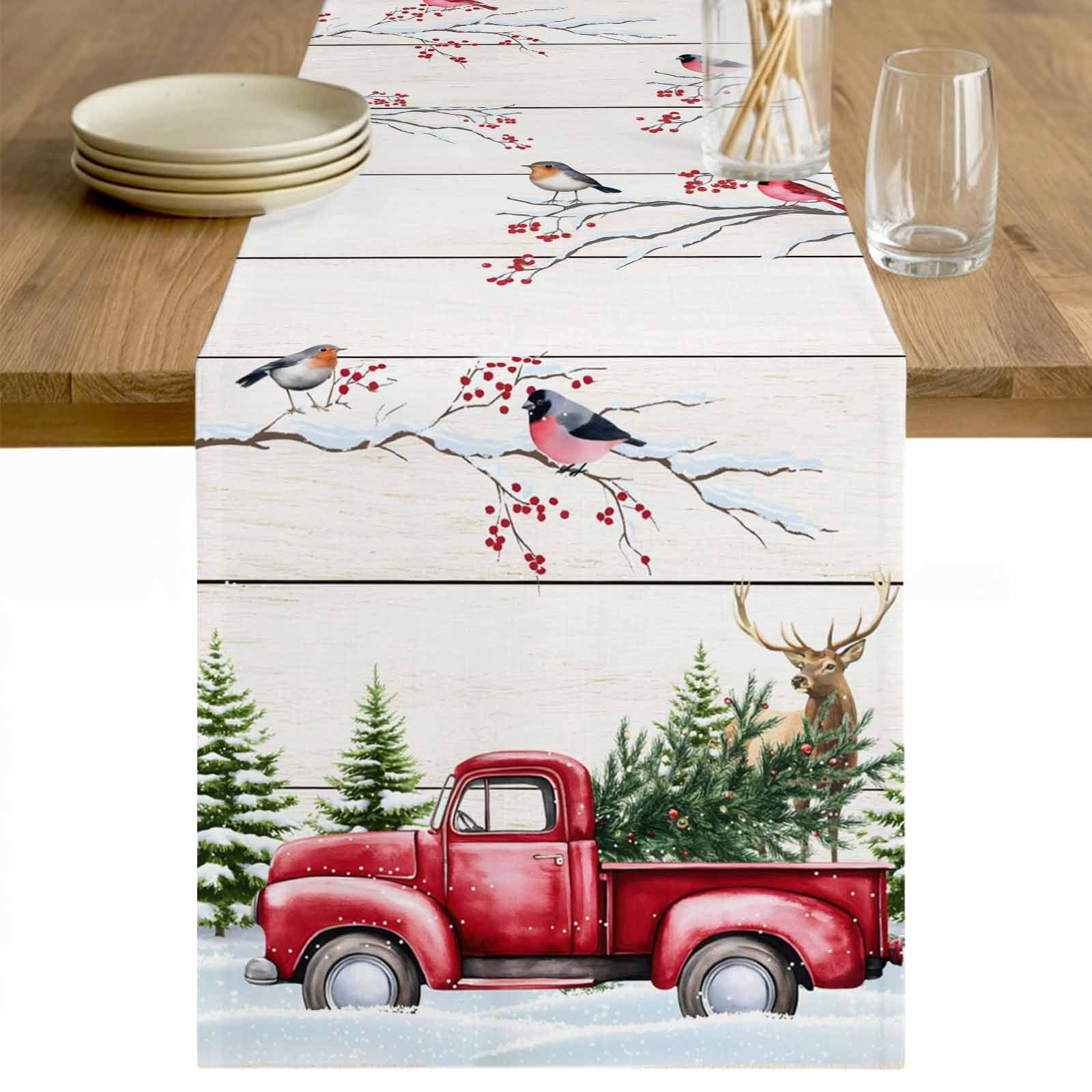 Christmas Table Runner - 36 Inch Long Red Truck Birds Xmas Tree ...