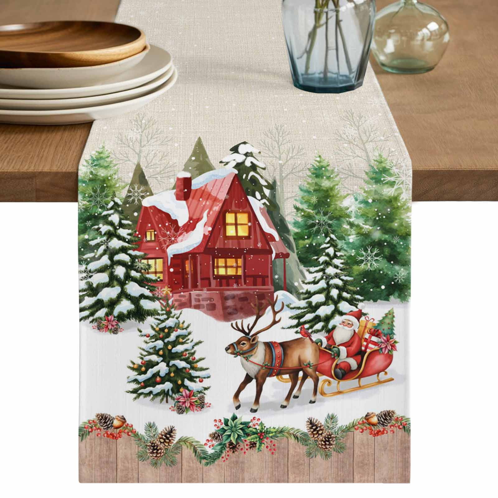 Christmas Table Runner 36 Inches, Santa Claus Xmas Tree Pine Cones ...