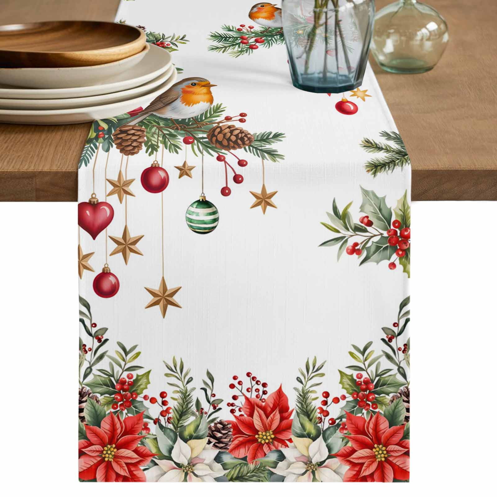 Christmas Table Runner 36 Inches, Xams Tree Winter Red Poinsettia Pine ...