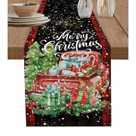 Christmas Table Runner 48 Inches, Truck Snowflake Pine Tree Black Red ...