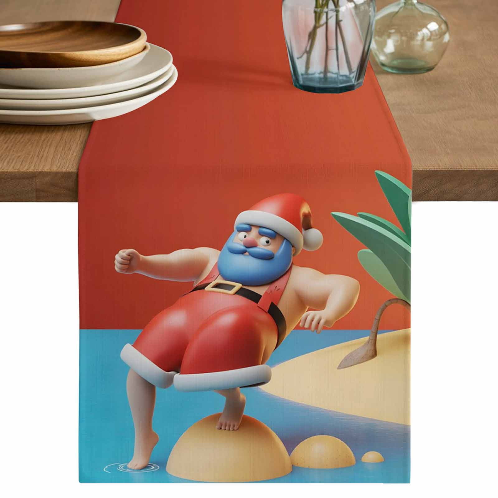 Christmas Table Runner 60 Inches, Cartoon Santa Claus Ocean Beach ...