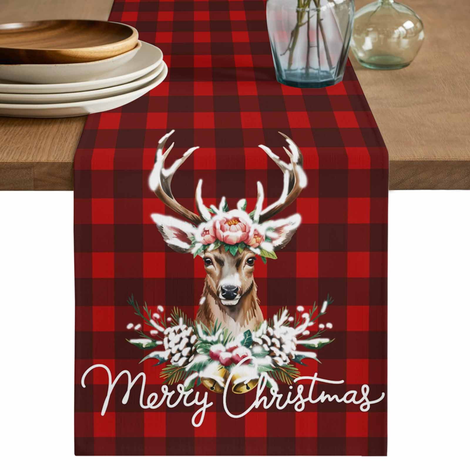 Christmas Table Runner 60 Inches, Winter Elk Berry Leaves Snow Red ...