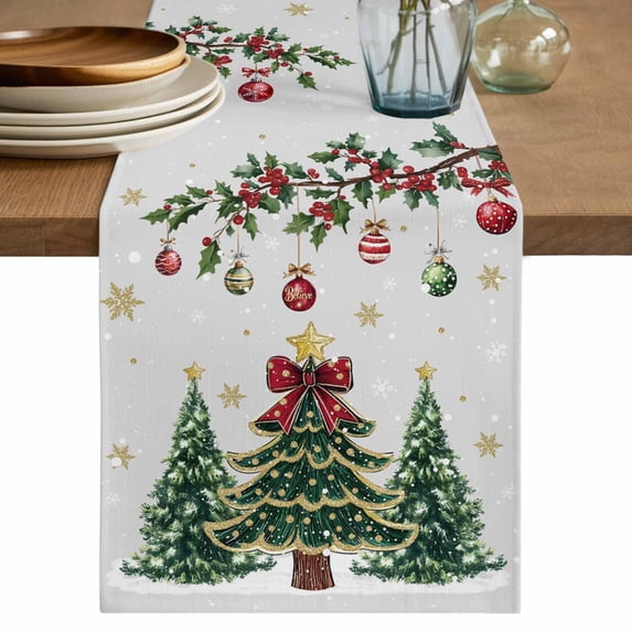 Christmas Table Runner 60 Inches, Winter Green Pine Trees Maple Leave ...