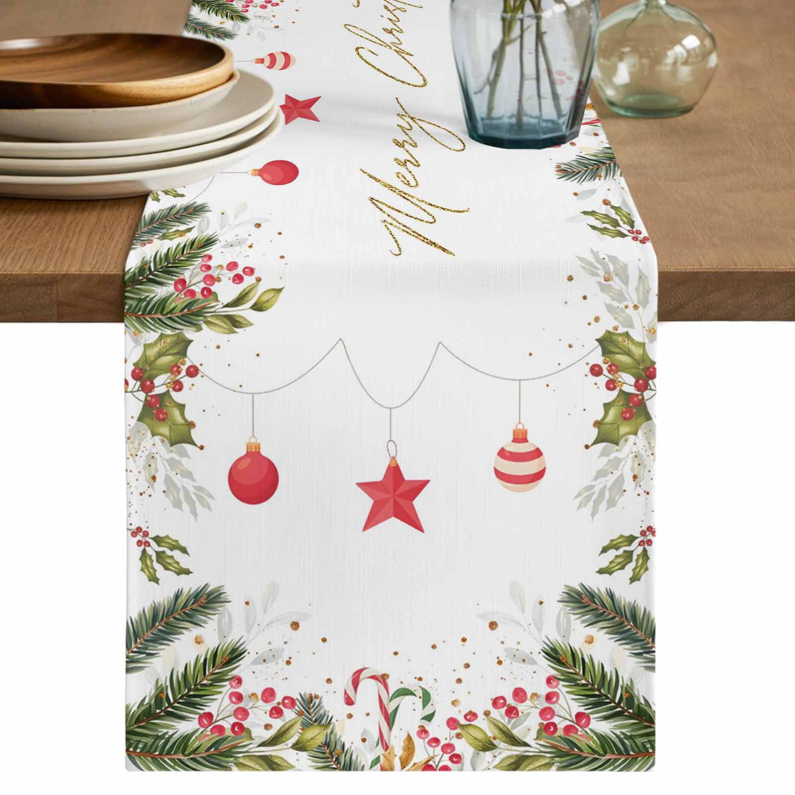 Christmas Table Runner 60 Inches, Winter Pine Needle Branches Berry ...