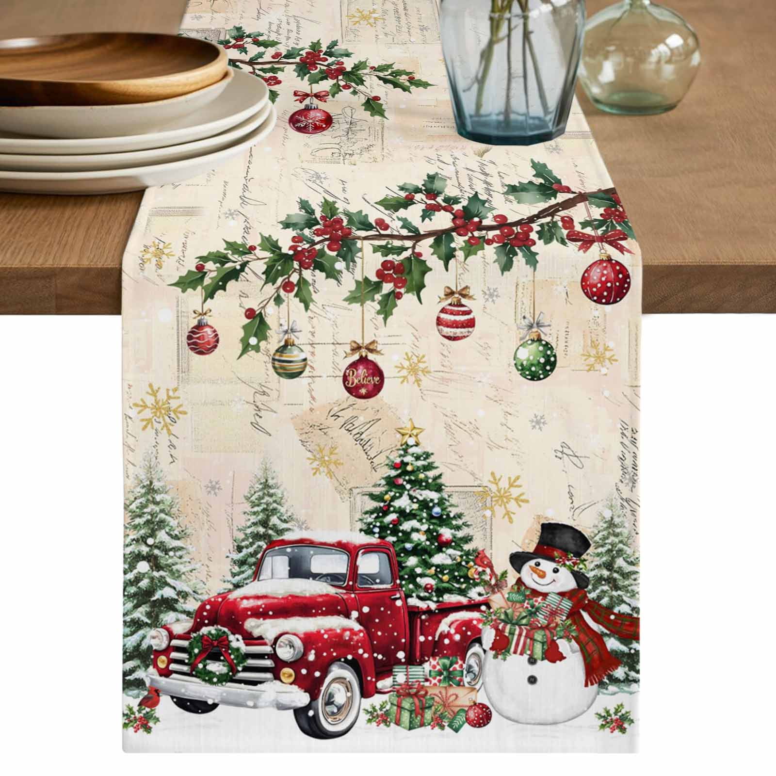 Christmas Table Runner 60 Inches, Xmas Snowman Truck Snowflake Tree ...