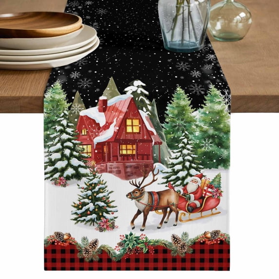 Christmas Table Runner 60 Inches, Xmas Tree Reindeer Santa Claus Red ...